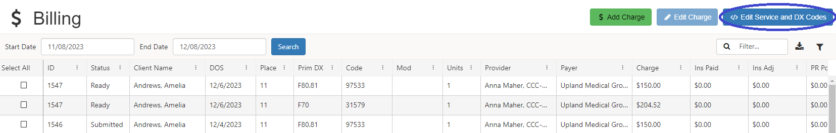 Adding and editing Service & DX Codes