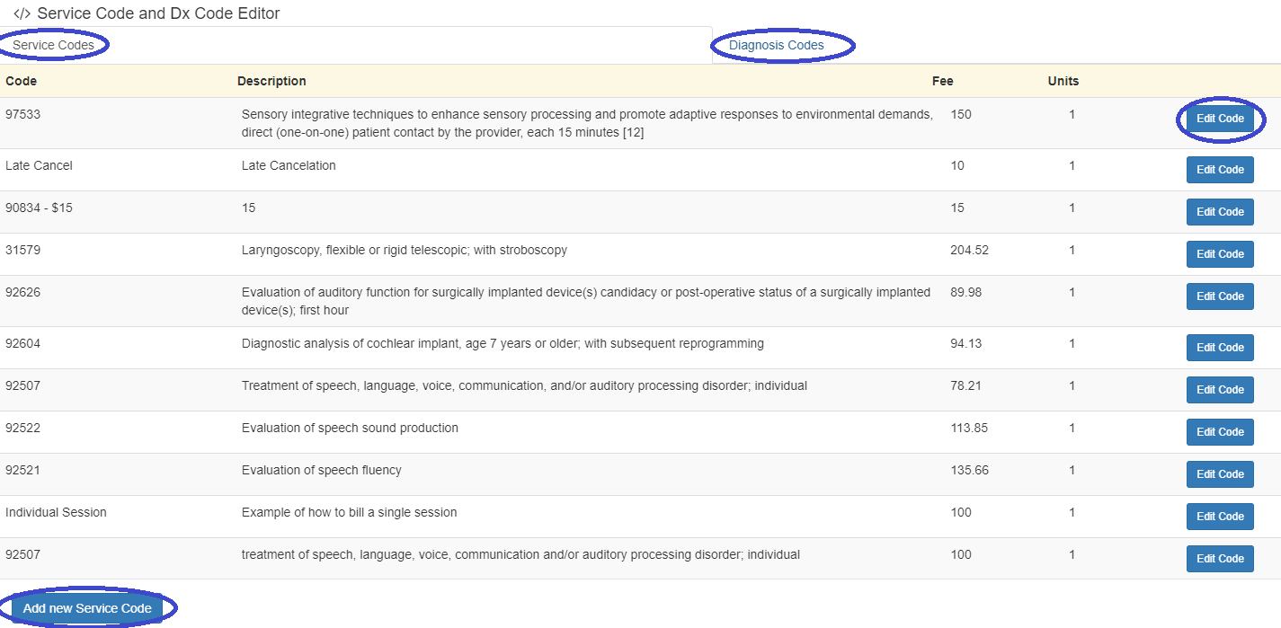 Adding and editing Service & DX Codes