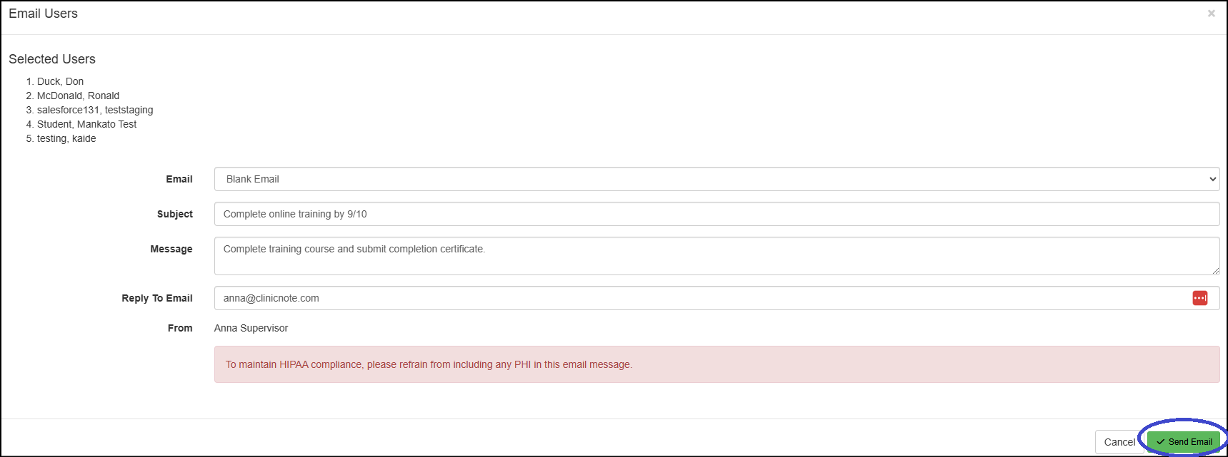 Email Users from ClinicNote